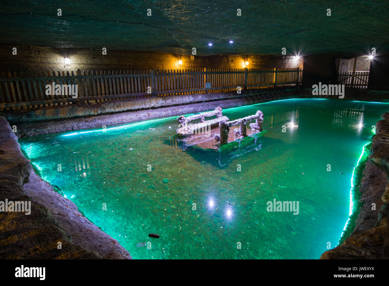 Underground lake in Cacica Salt Mine. Salty Lake is located at a depth ...
