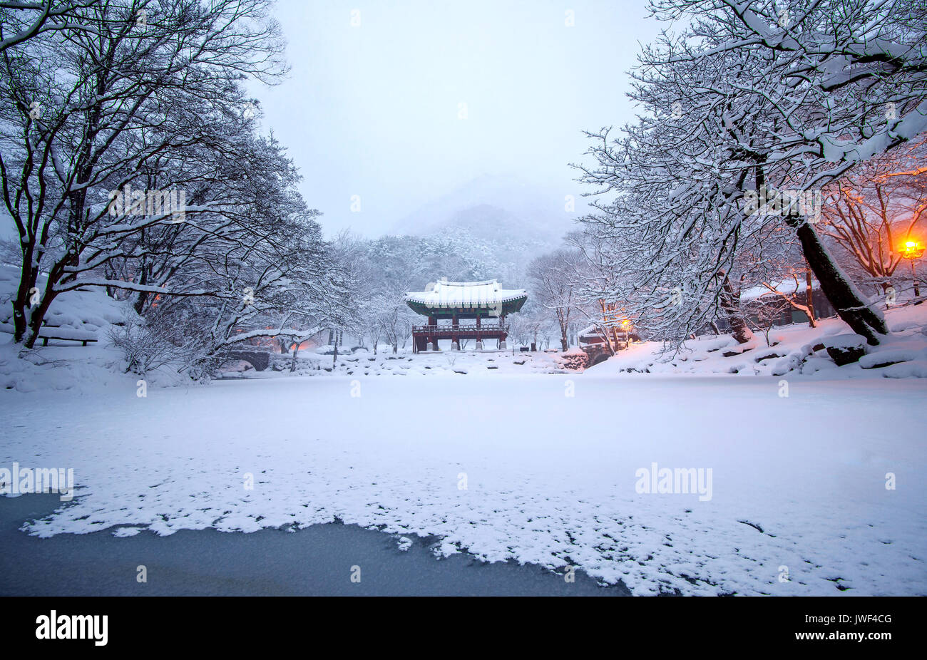 Baekyangsa Temple and falling snow, Naejangsan Mountain in winter with ...