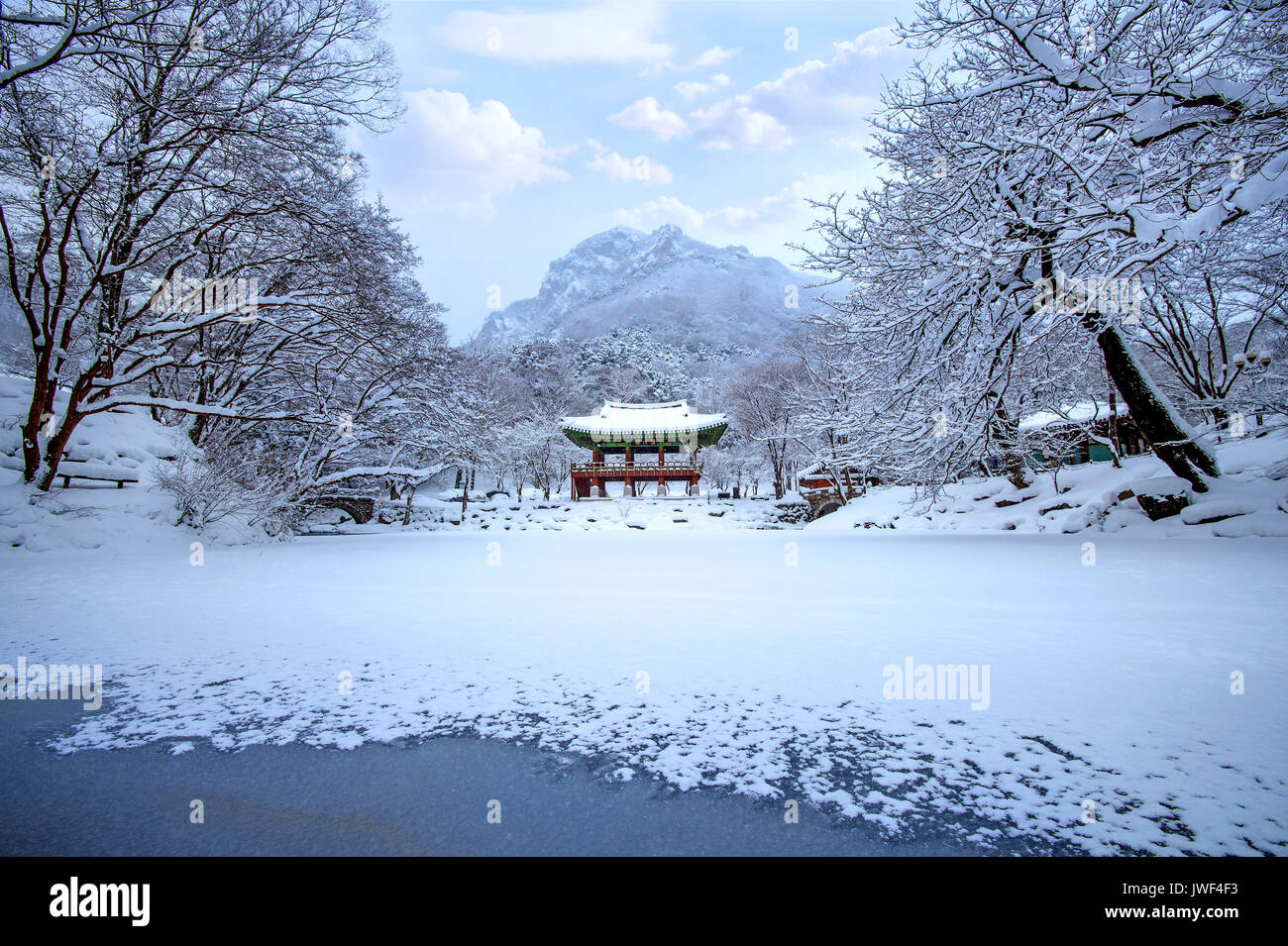 Baekyangsa Temple and falling snow, Naejangsan Mountain in winter with ...