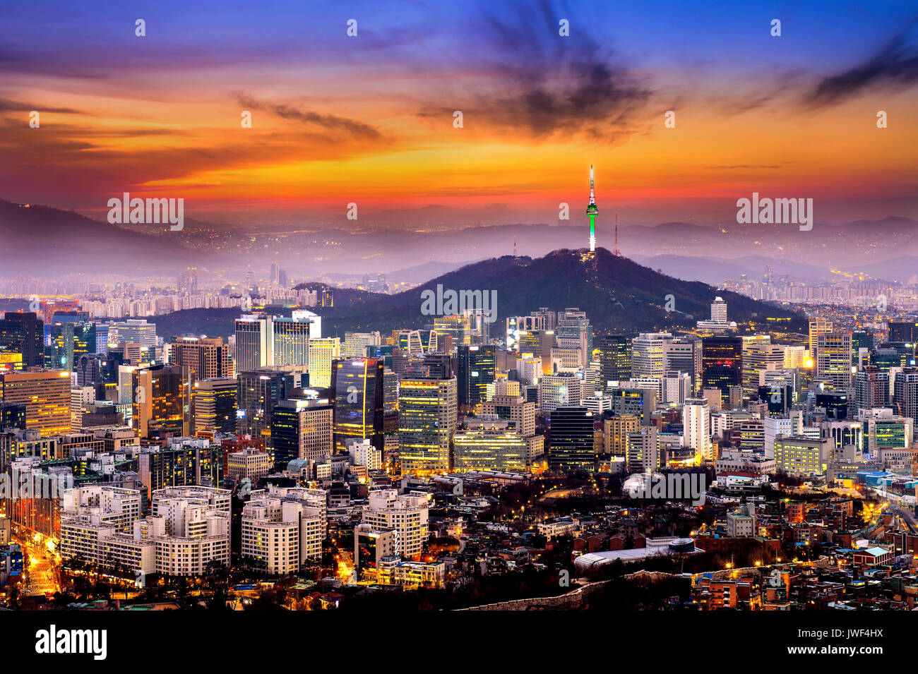 View of downtown cityscape and Seoul tower in Seoul, South Korea Stock ...