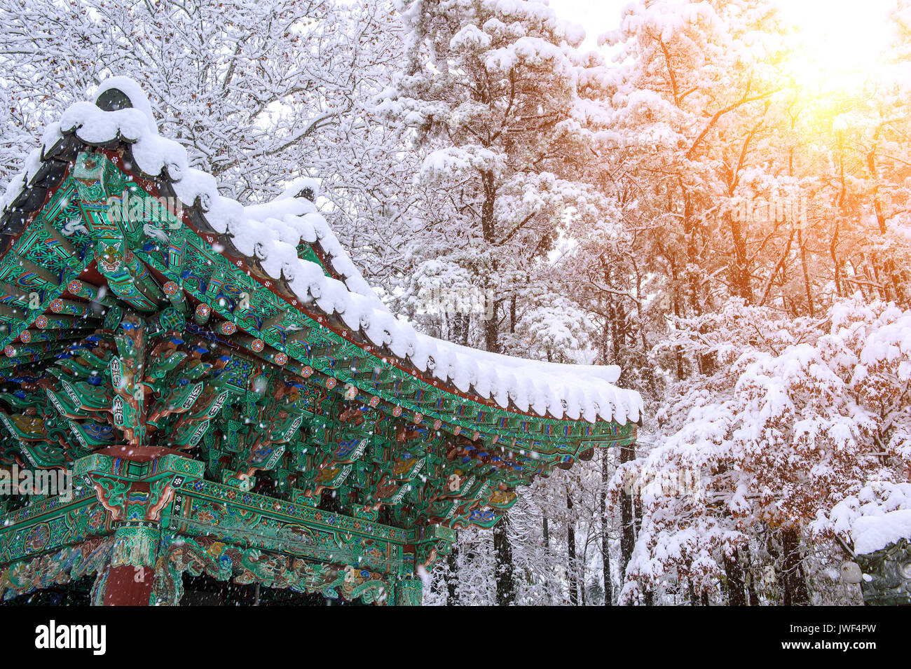 Landscape in Winter with Roof of gyeongbokgung and falling snow in ...