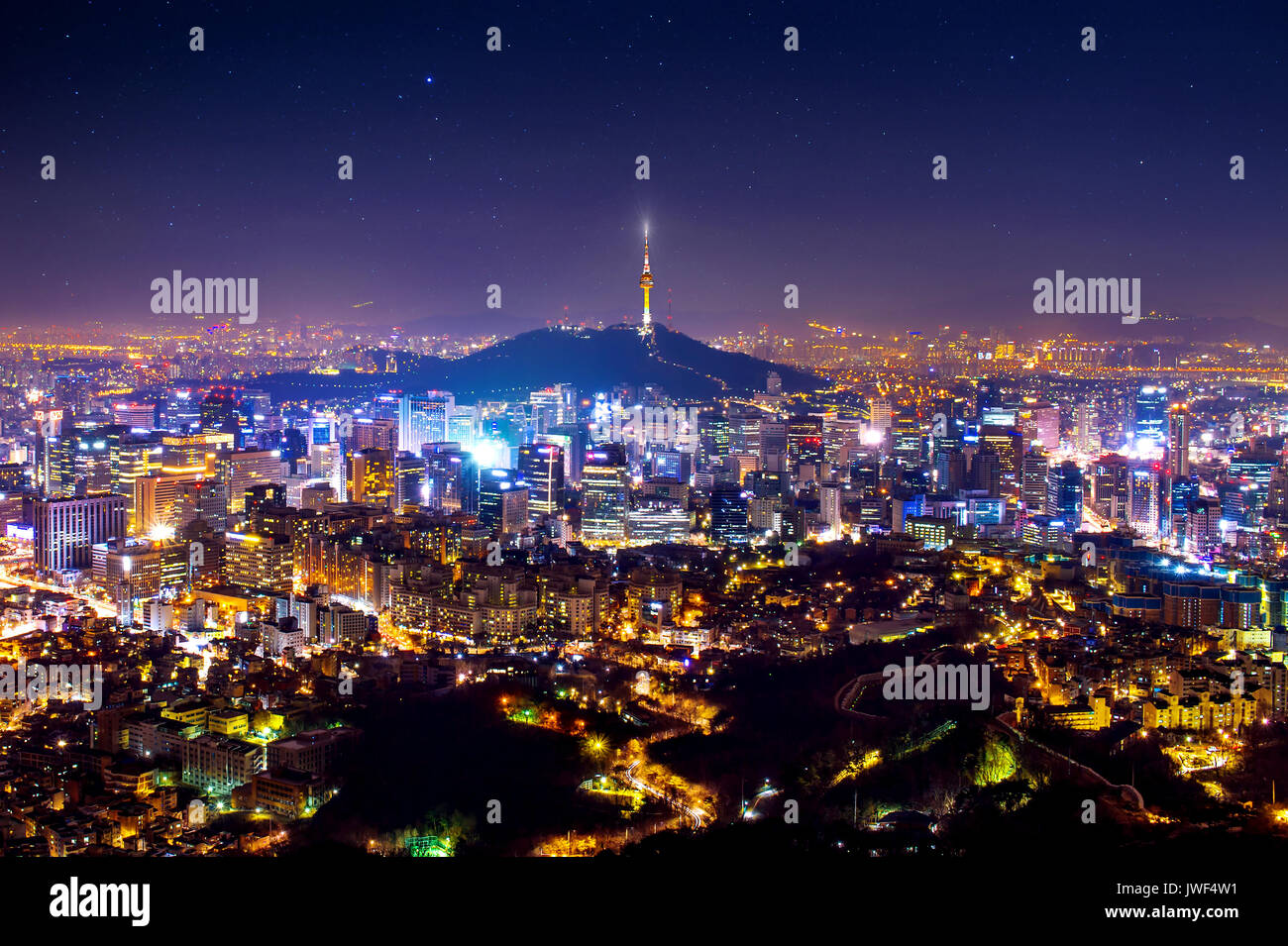 View of downtown cityscape and Seoul tower in Seoul, South Korea Stock ...