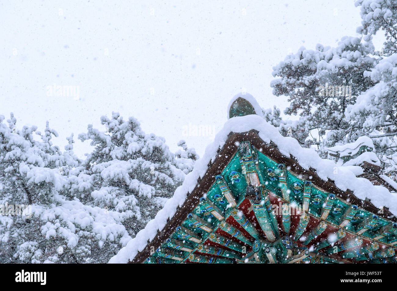 Landscape in Winter with Roof of gyeongbokgung and falling snow in ...