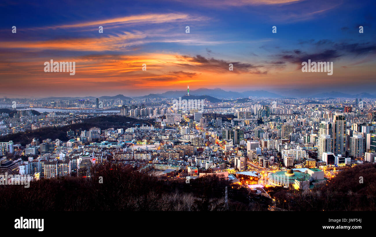 View of downtown cityscape and Seoul tower in Seoul, South Korea Stock ...