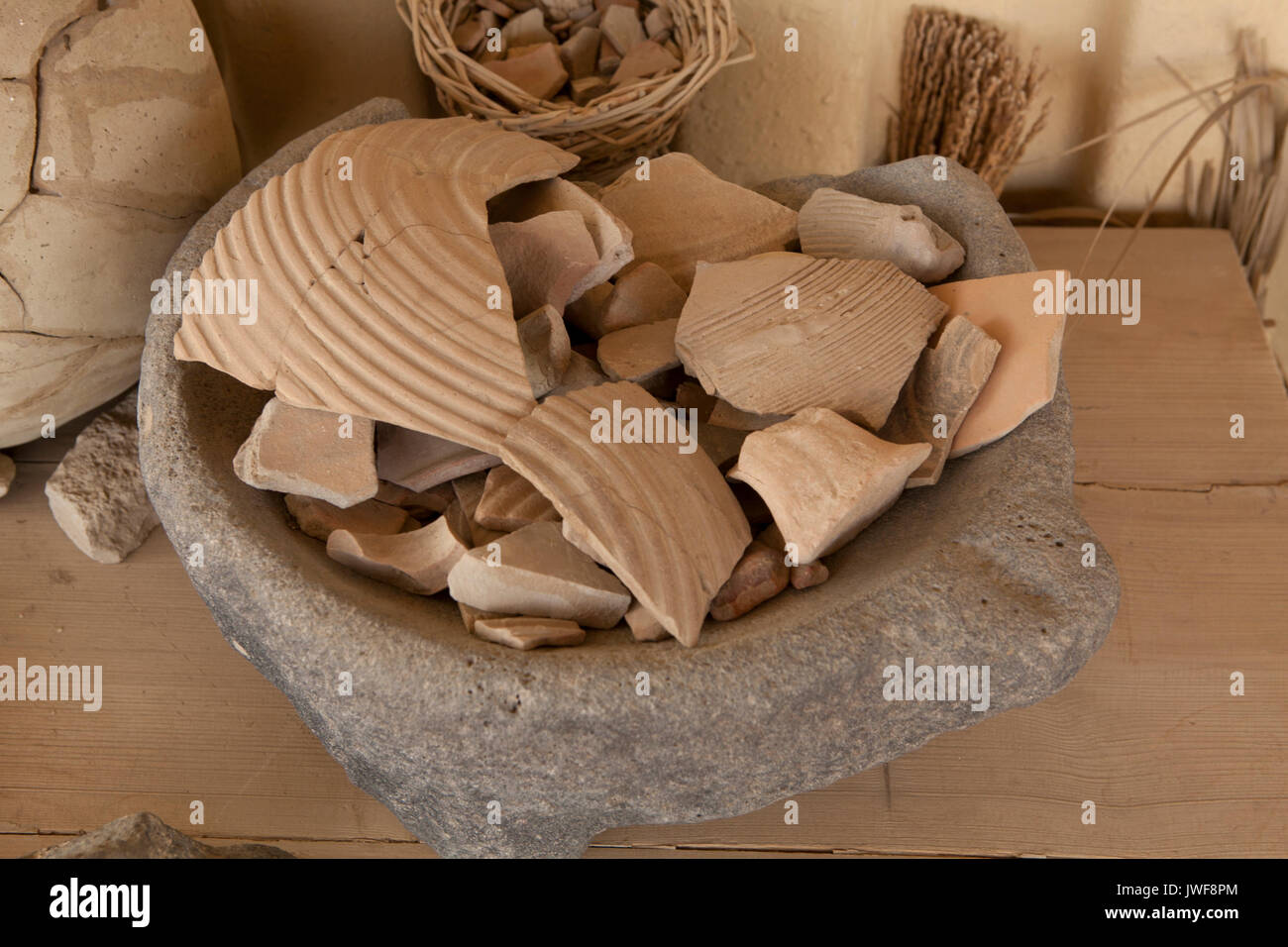 Fragments of pottery archaeology, at an archaeological site in Israel ...