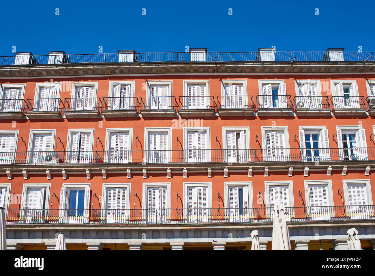 Windows of building Plaza Mayor, Madrid Stock Photo - Alamy