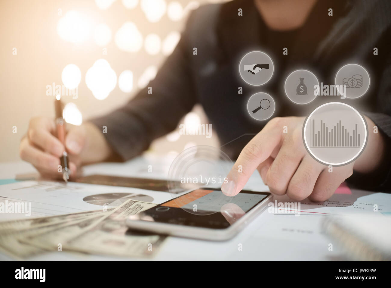 Business man calculateFinancial Planning Report in Spreadsheet ...