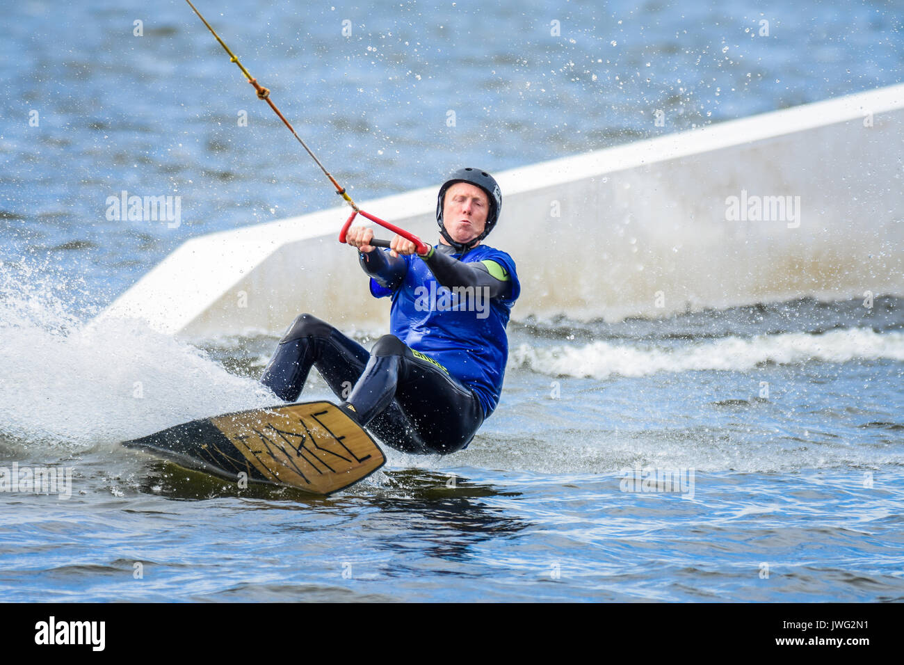 Wakeboarding via a cable tow system at Chasewater, Staffordshire, UK ...