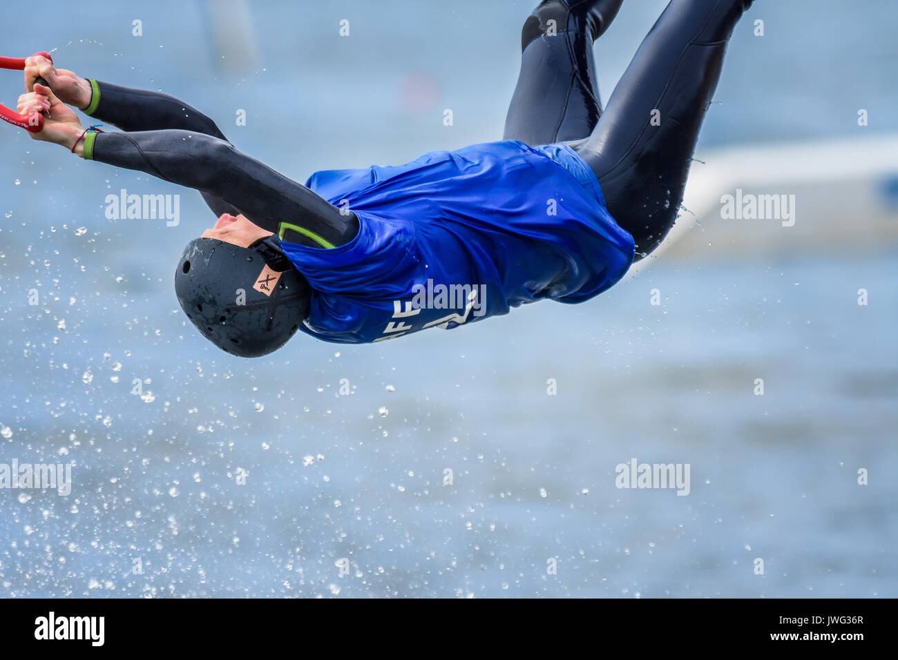 Wakeboarding via a cable tow system at Chasewater, Staffordshire, UK ...