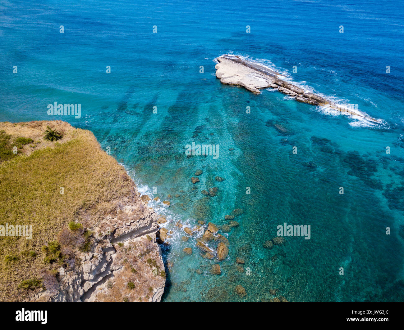 Aerial view of Sant'Irene Bay in Briatico, Calabria, Italy. Galera Rock ...