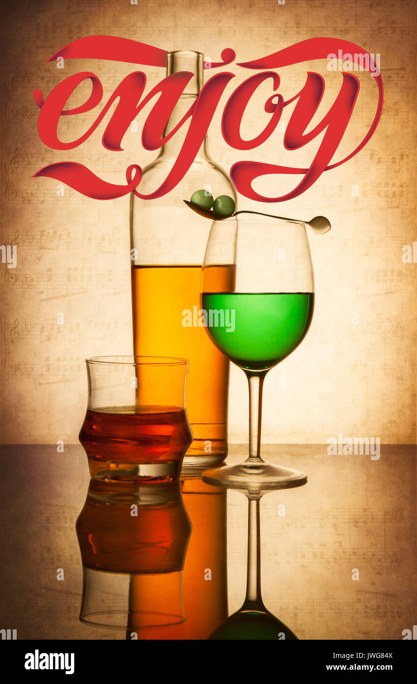 Enjoy logo with glasses and bottle on textured background. Enjoy life ...