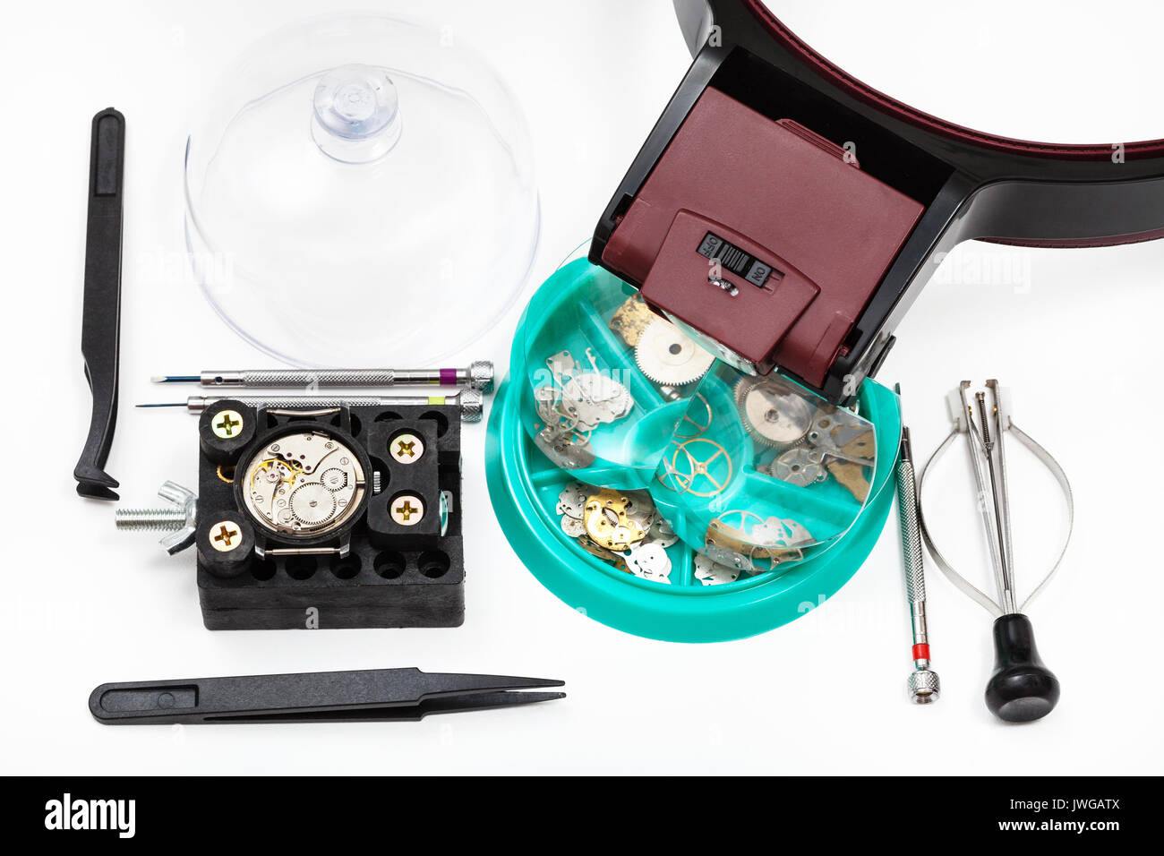 watchmaker workshop - set of tools with head-mounted magnifier and ...