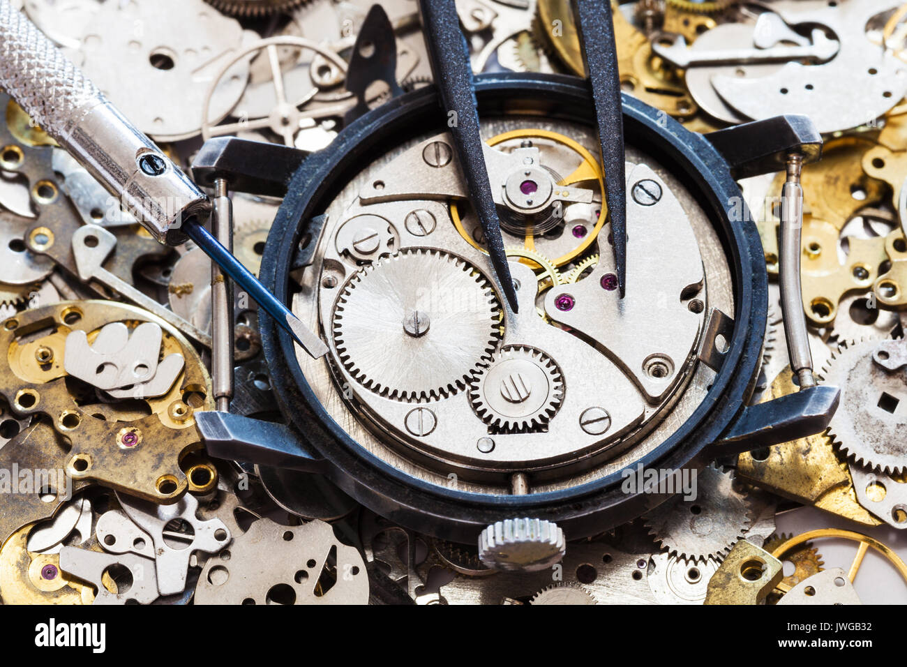 watchmaker workshop - top view of screwdriver, tweezers on open ...