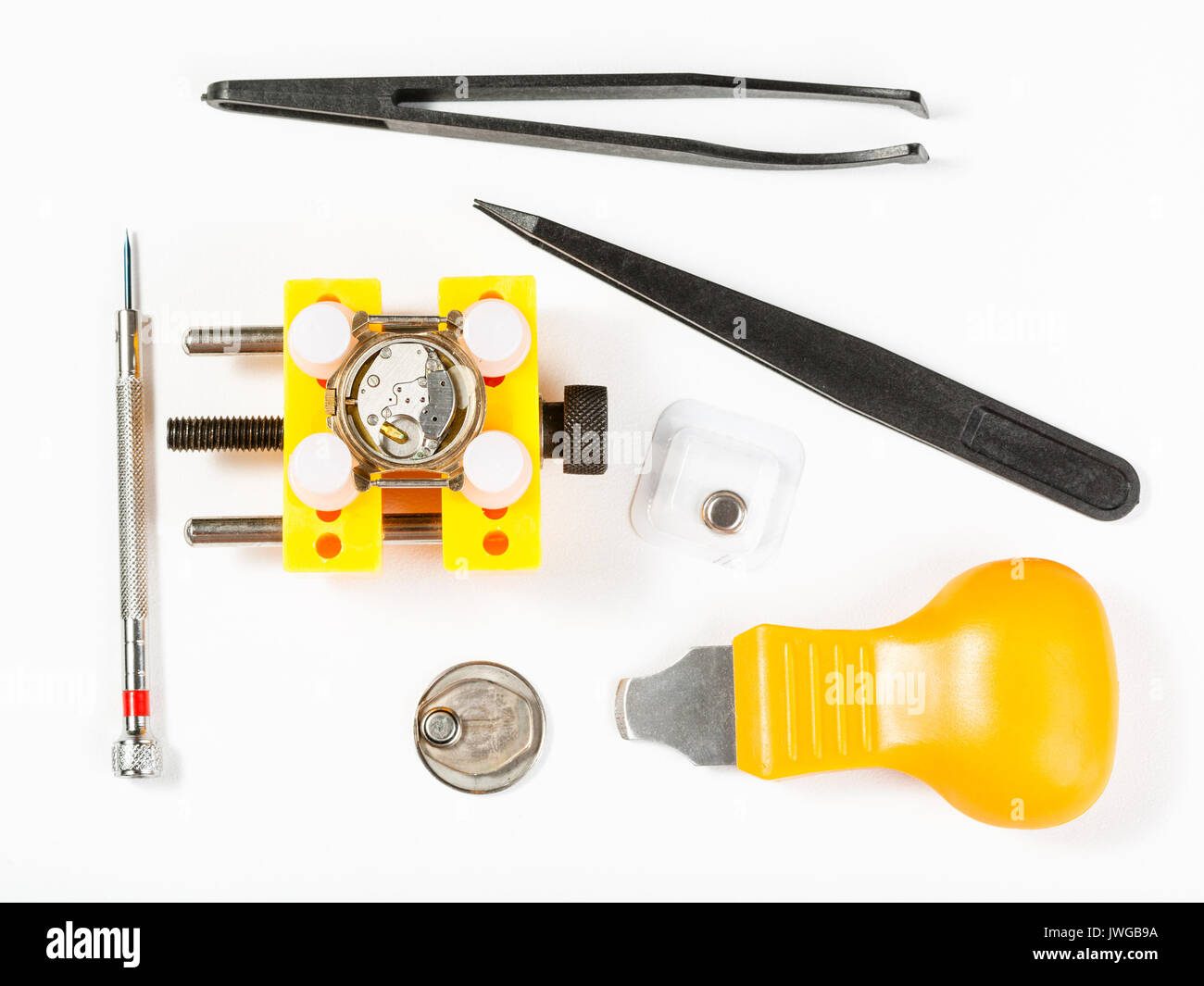 watchmaker workshop - top view of kit for replacing battery in watch on ...