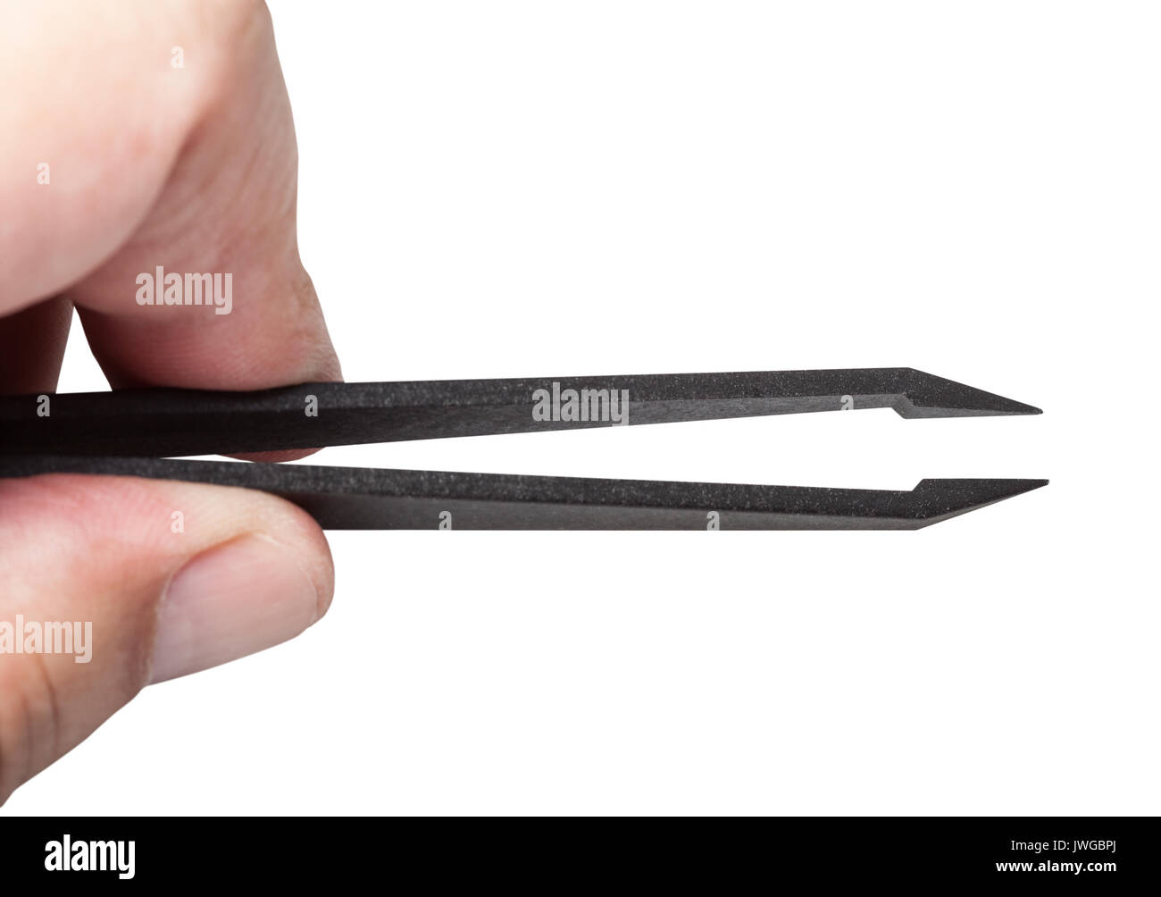 male fingers hold black plastic tweezers with sharp tips isolated on ...