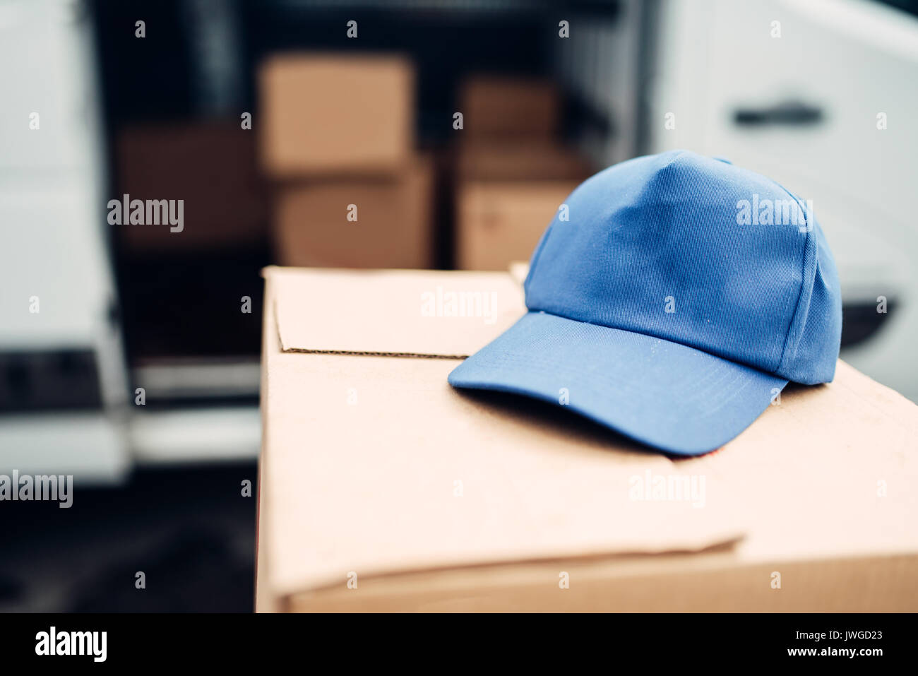 Distribution business concept. Cap on carton box. Cargo delivery. Empty ...