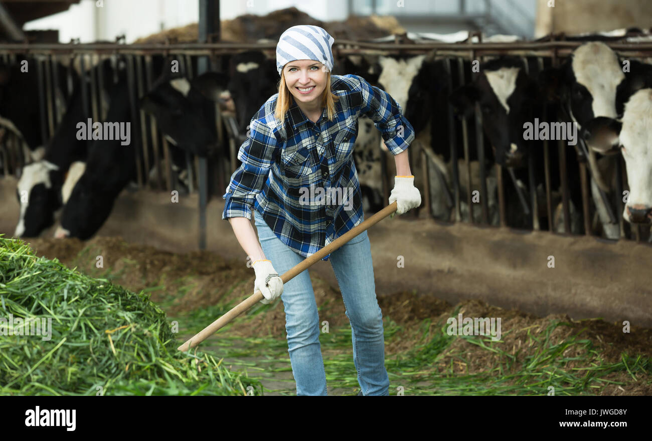 Happy farmer collecting grass with pitchfork in barn Stock Photo - Alamy