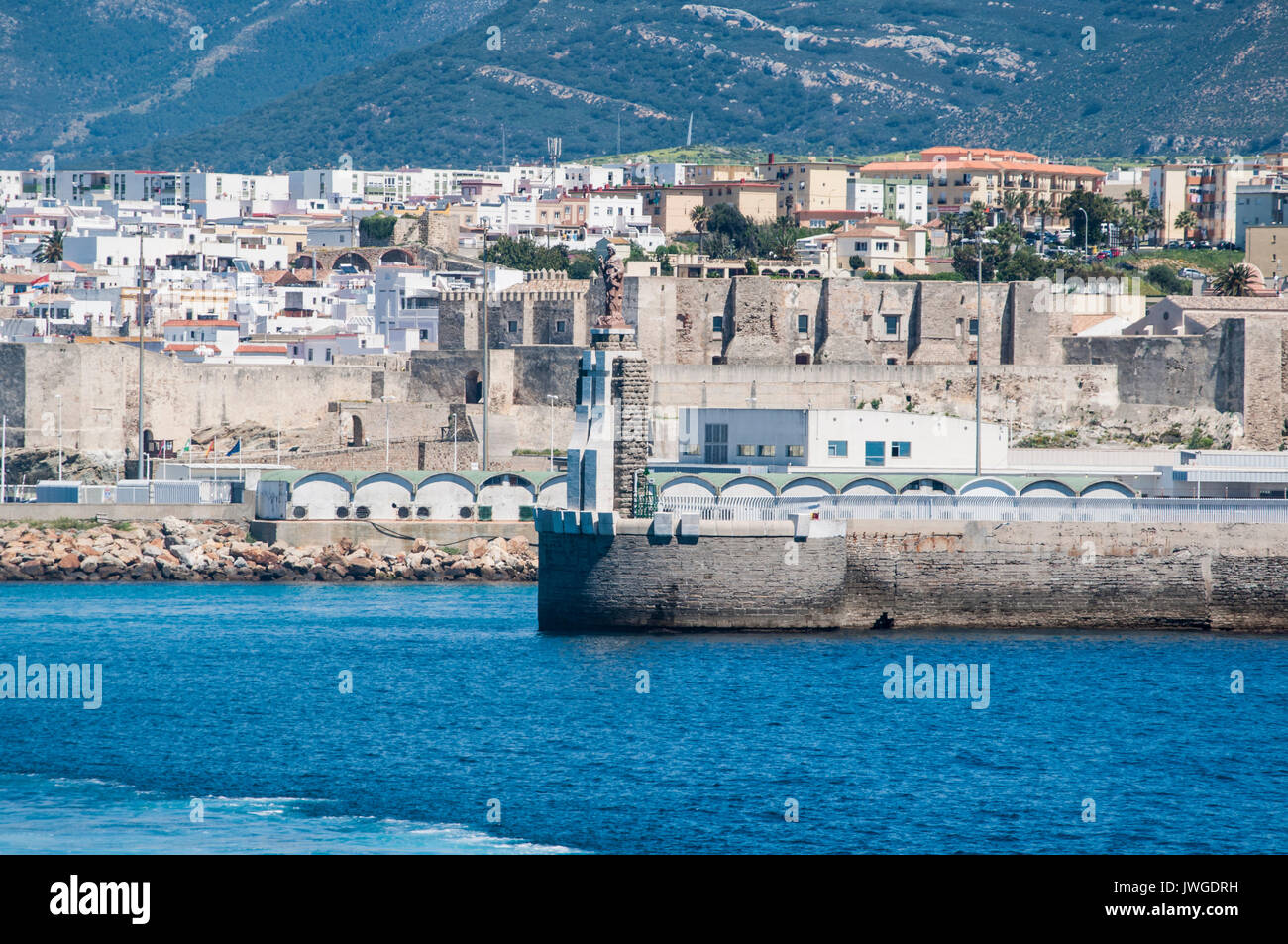Tarifa: skyline seen from the Strait of Gibraltar that connects Spain ...