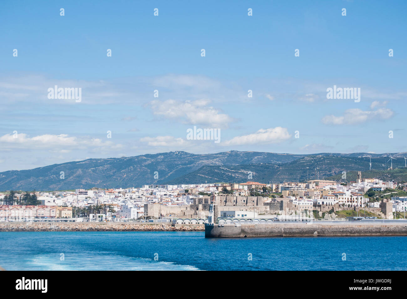 Tarifa: skyline seen from the Strait of Gibraltar that connects Spain ...