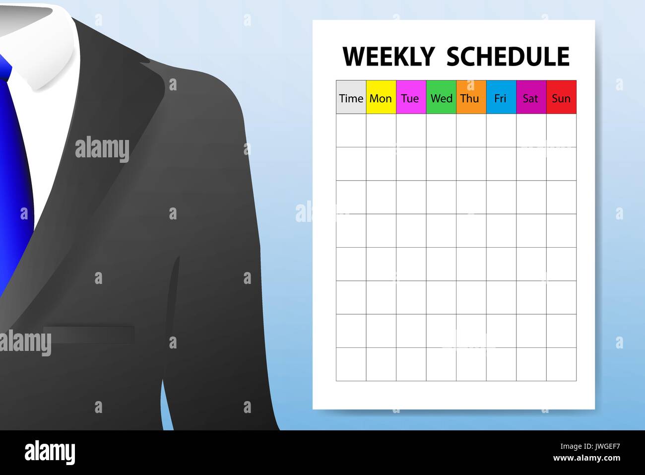 Concept of men`s suit with shirt and tie. Weekly schedule in the right ...