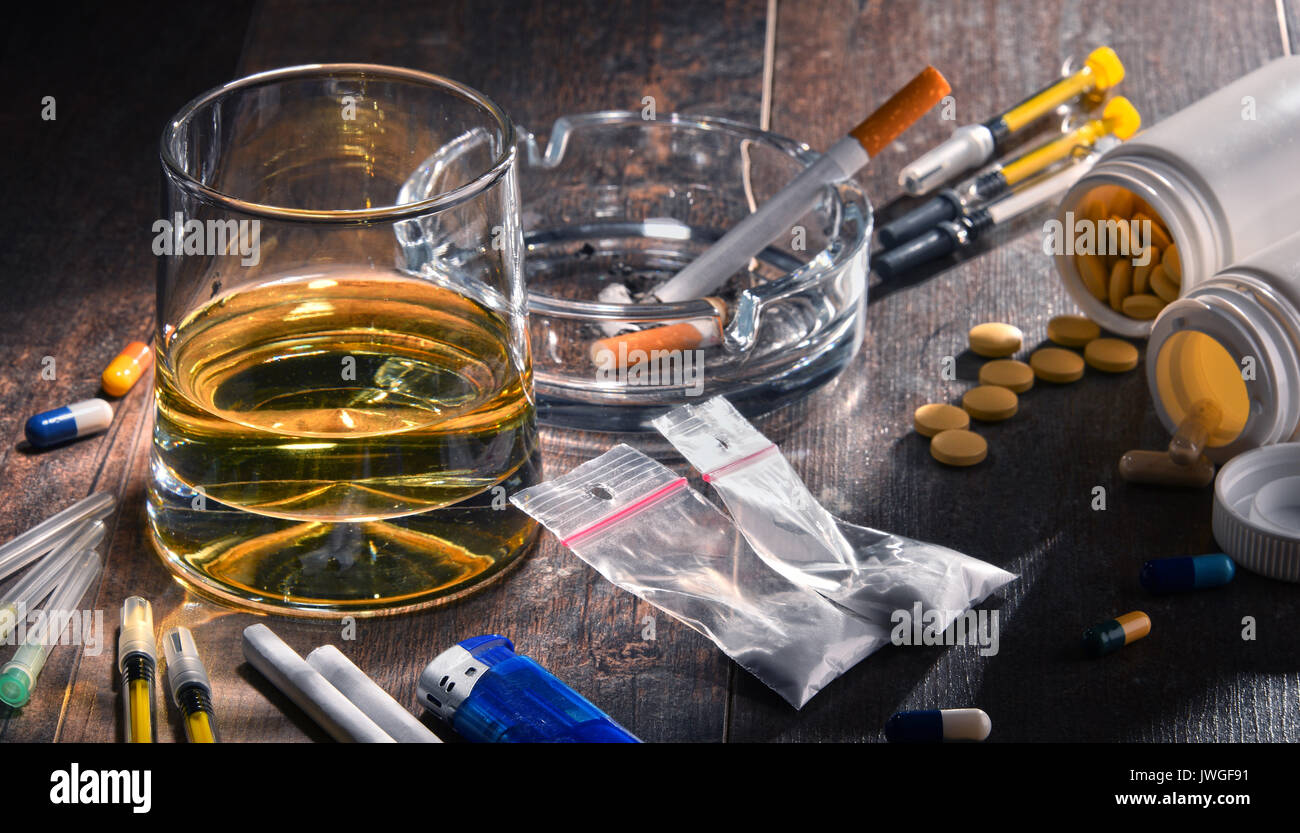 Addictive substances, including alcohol, cigarettes and drugs Stock ...