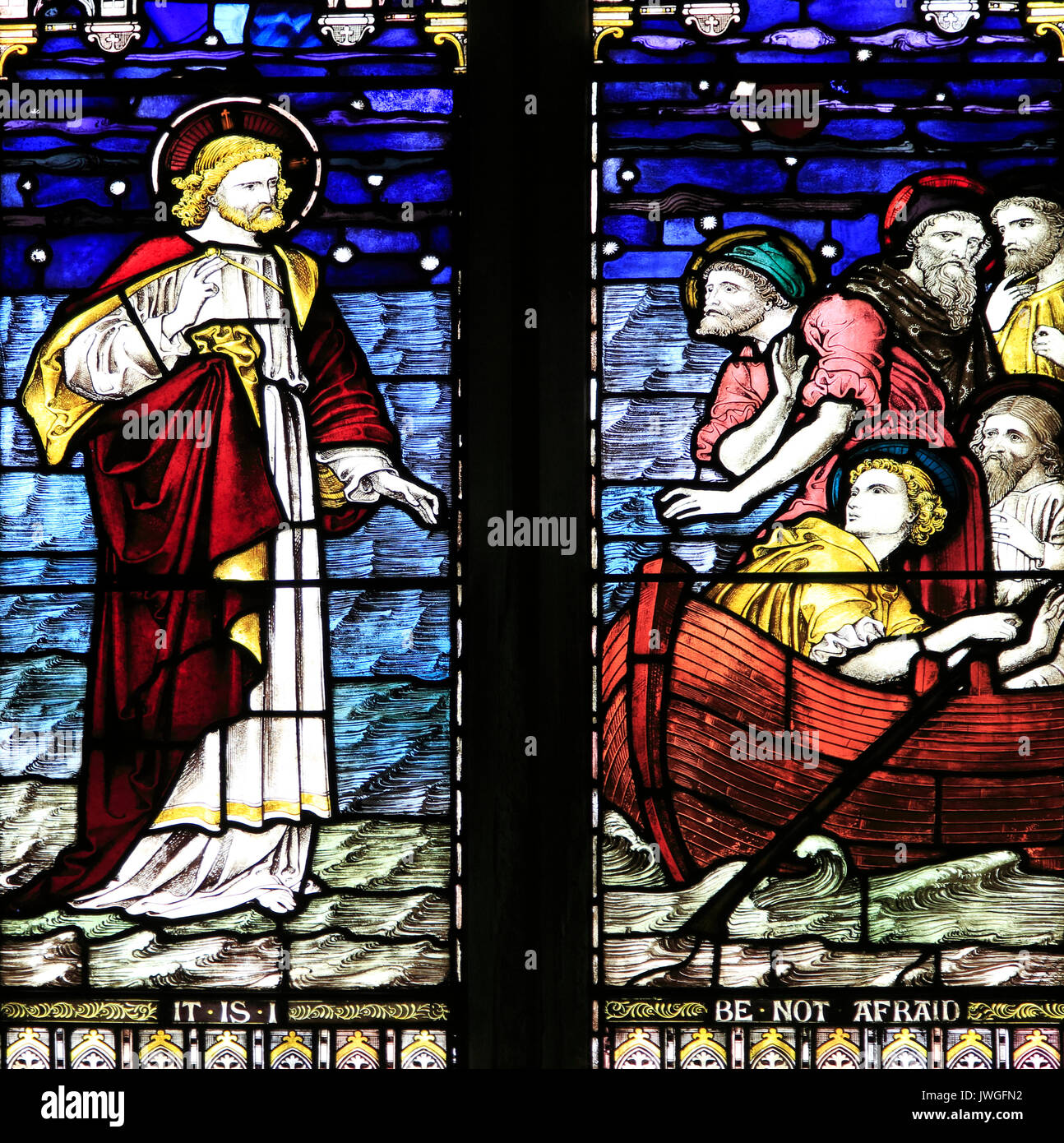Jesus Christ miracle walking on water stained glass window, Church of ...