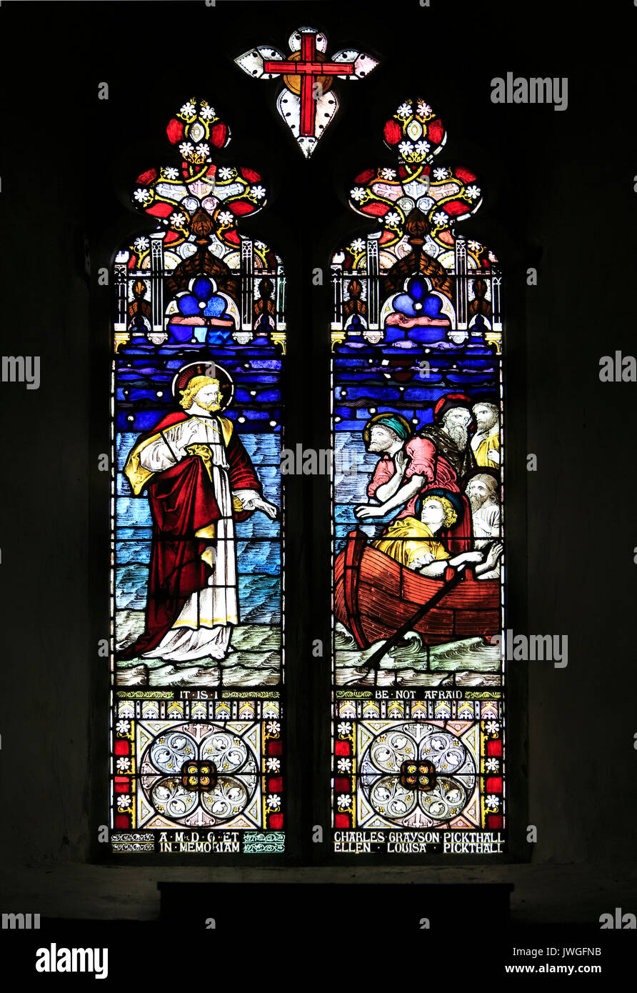 Jesus Christ miracle walking on water stained glass window, Church of ...