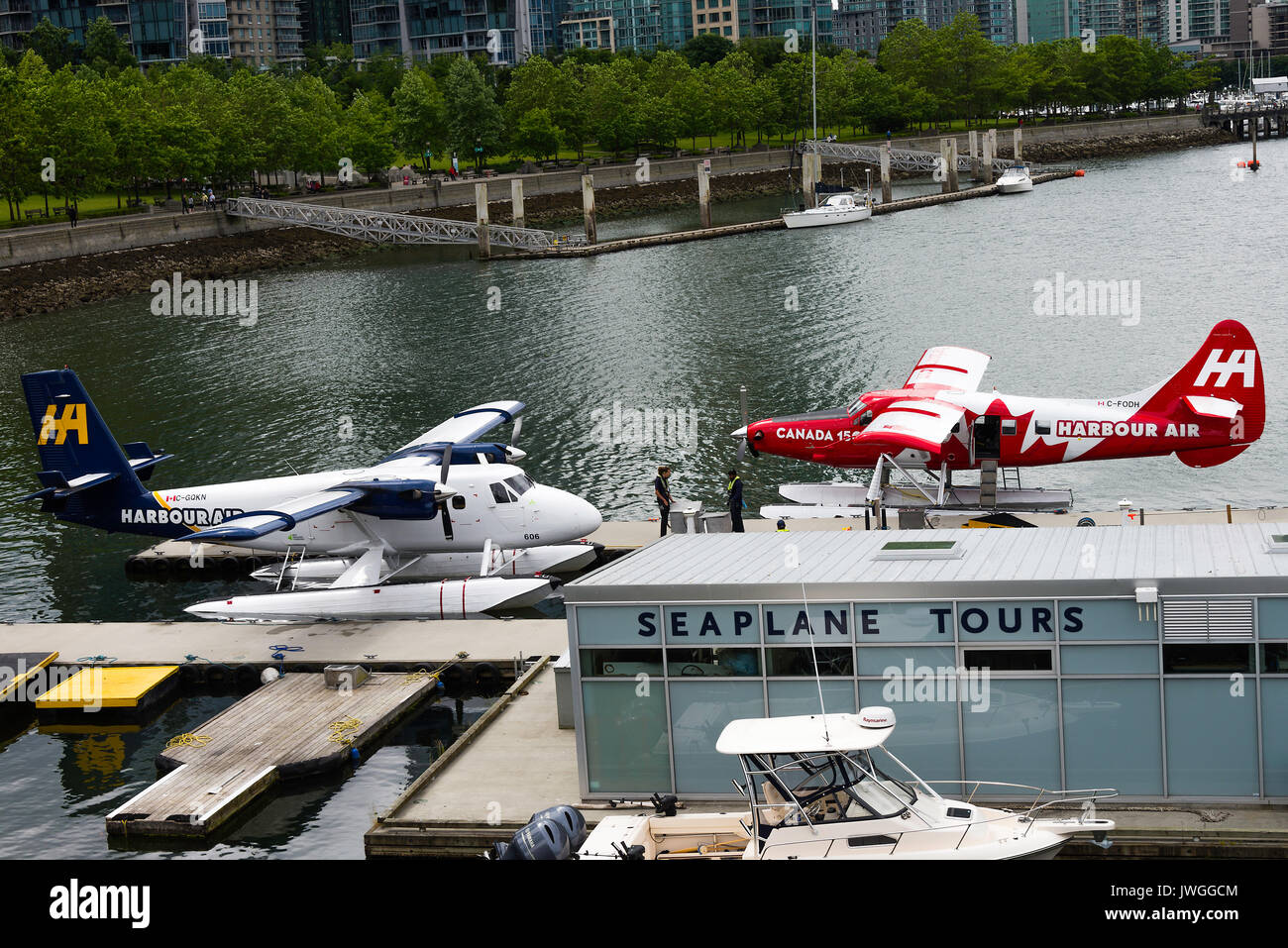 Harbour Air Seaplanes Docked at Landing Stage Platforms on Water In ...