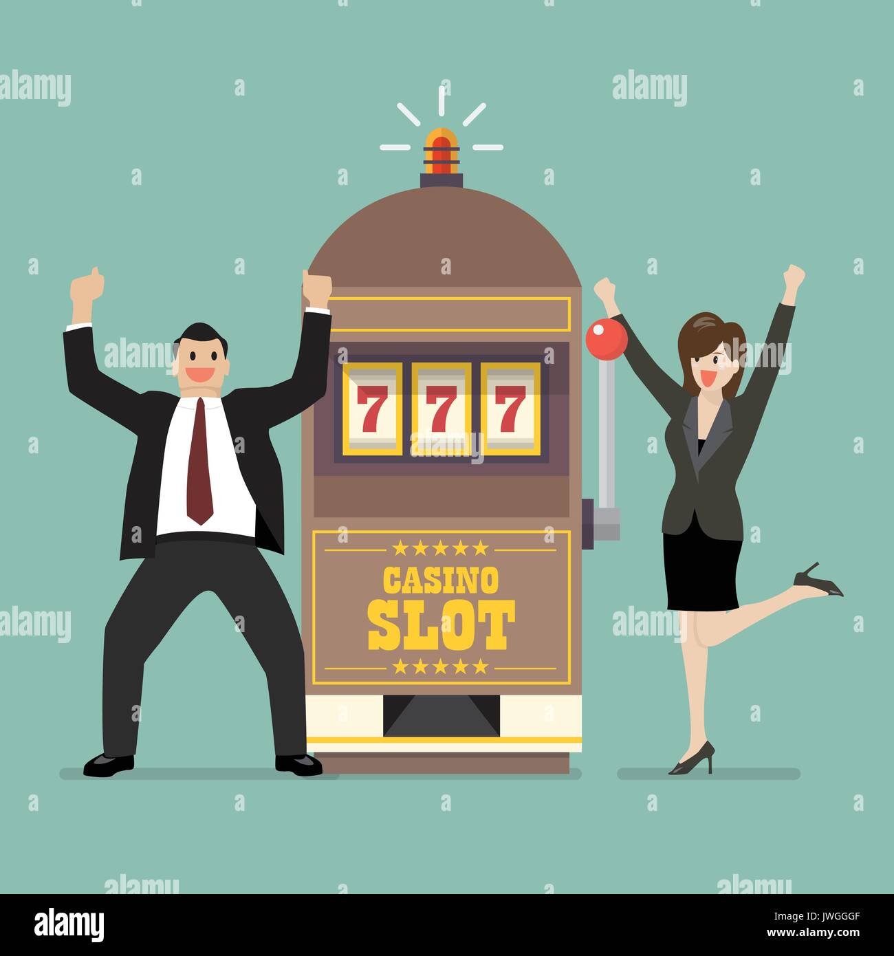 Slot machine jackpot with celebrate businessman and woman. Flat style ...