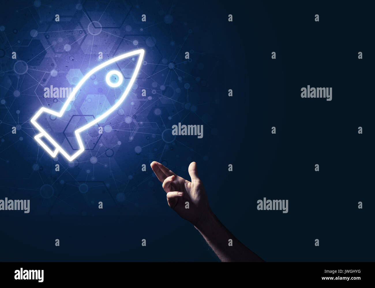Man palm presenting Rocket web icon as technology concept Stock Photo ...