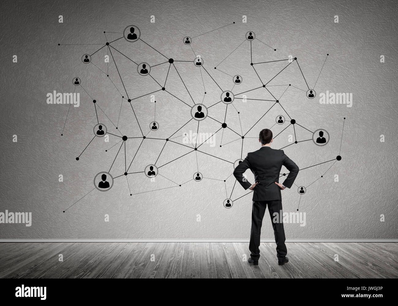 Connection lines drawn on concrete wall as symbol for networking Stock ...