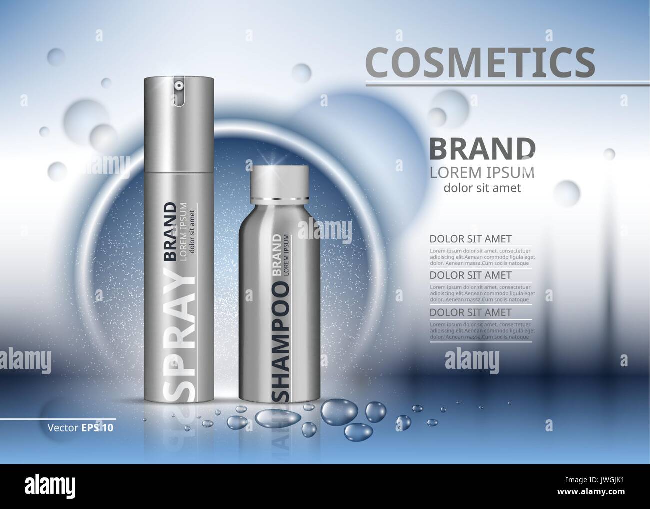 Cosmetic package ads template. Shampoo and spray in silver bottles ...