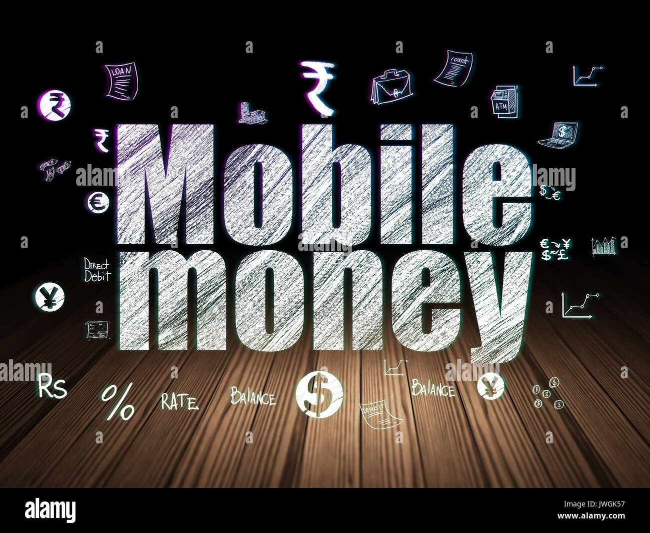Banking concept: Mobile Money in grunge dark room Stock Photo - Alamy