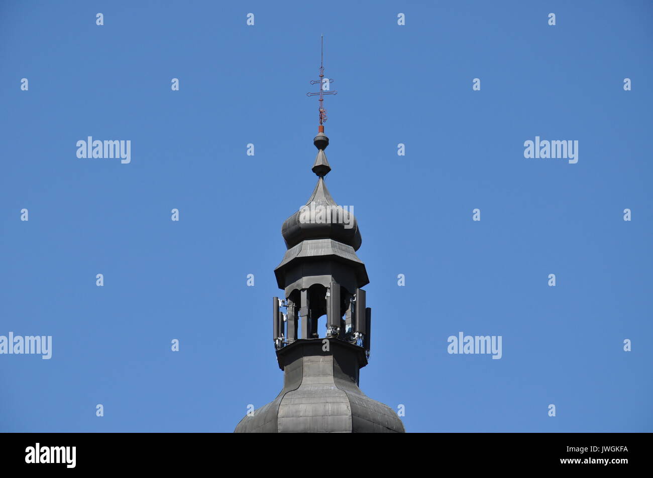 church tower with GSM antennas, cellphone, telephone, operator, system ...