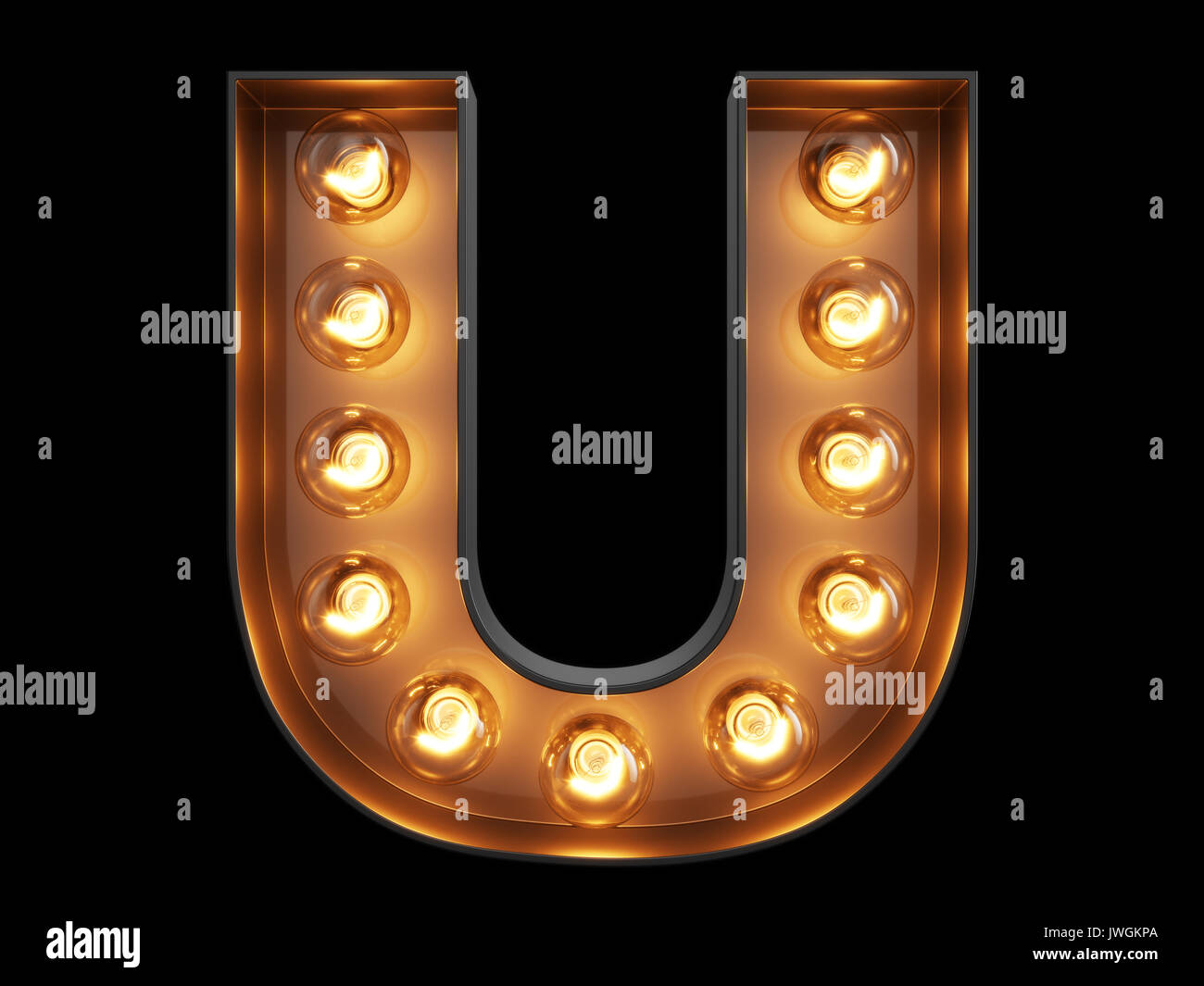 Light bulb glowing letter alphabet character U font. Front view ...