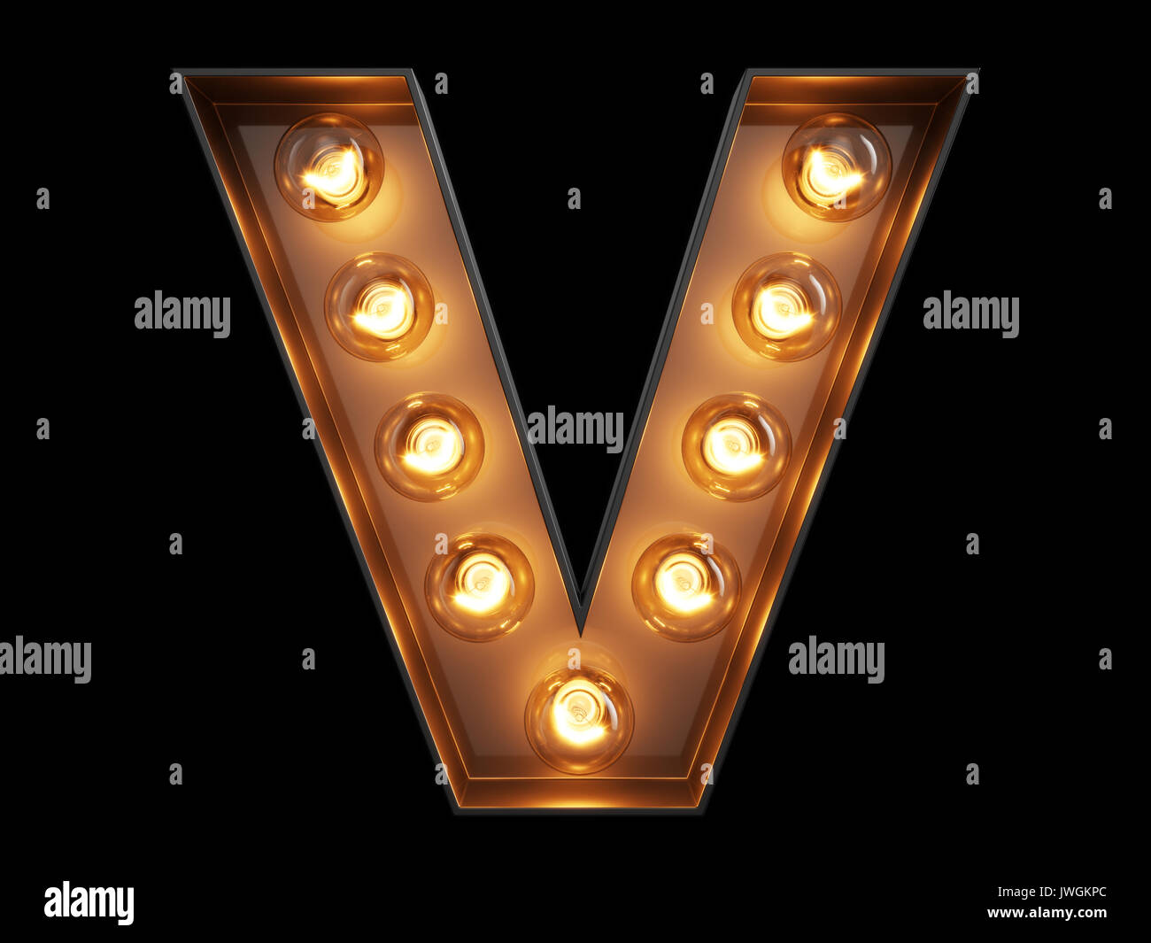 Light bulb glowing letter alphabet character V font. Front view ...