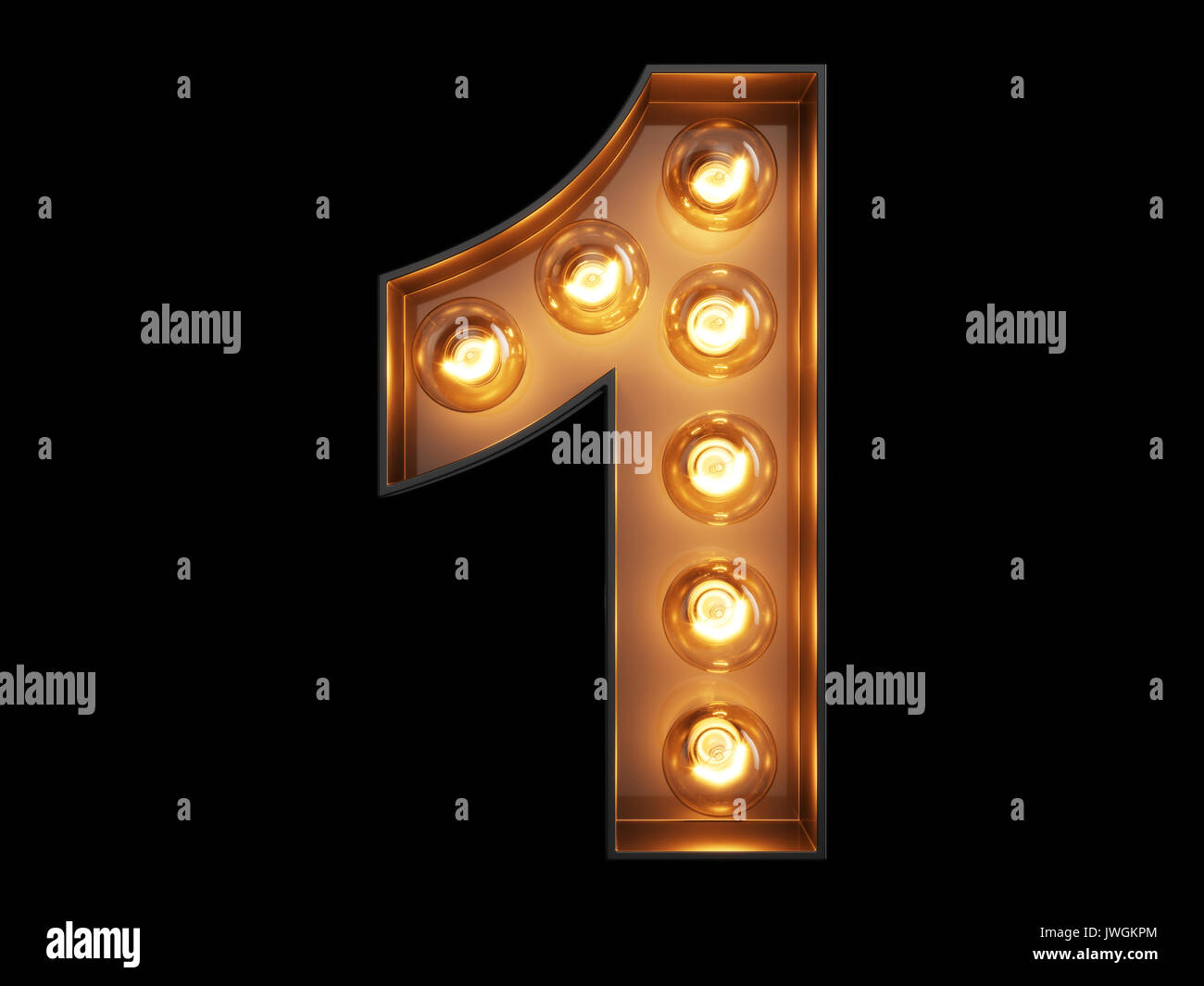 Light bulb glowing digit alphabet character 1 one font. Front view ...