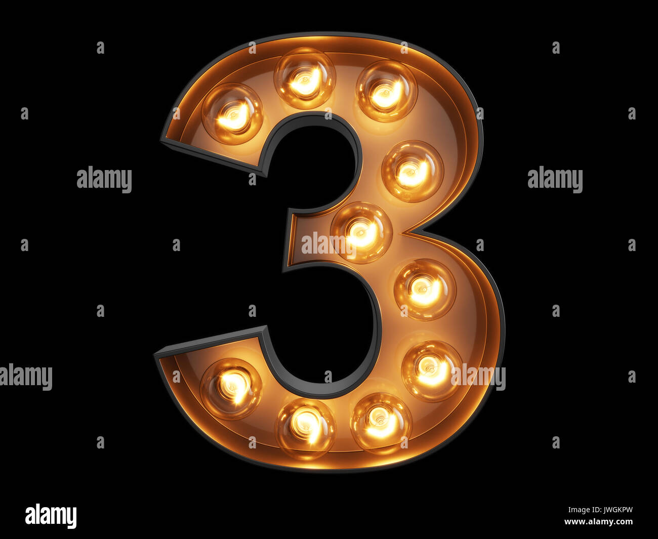 Light bulb glowing digit alphabet character 3 three font. Front view ...