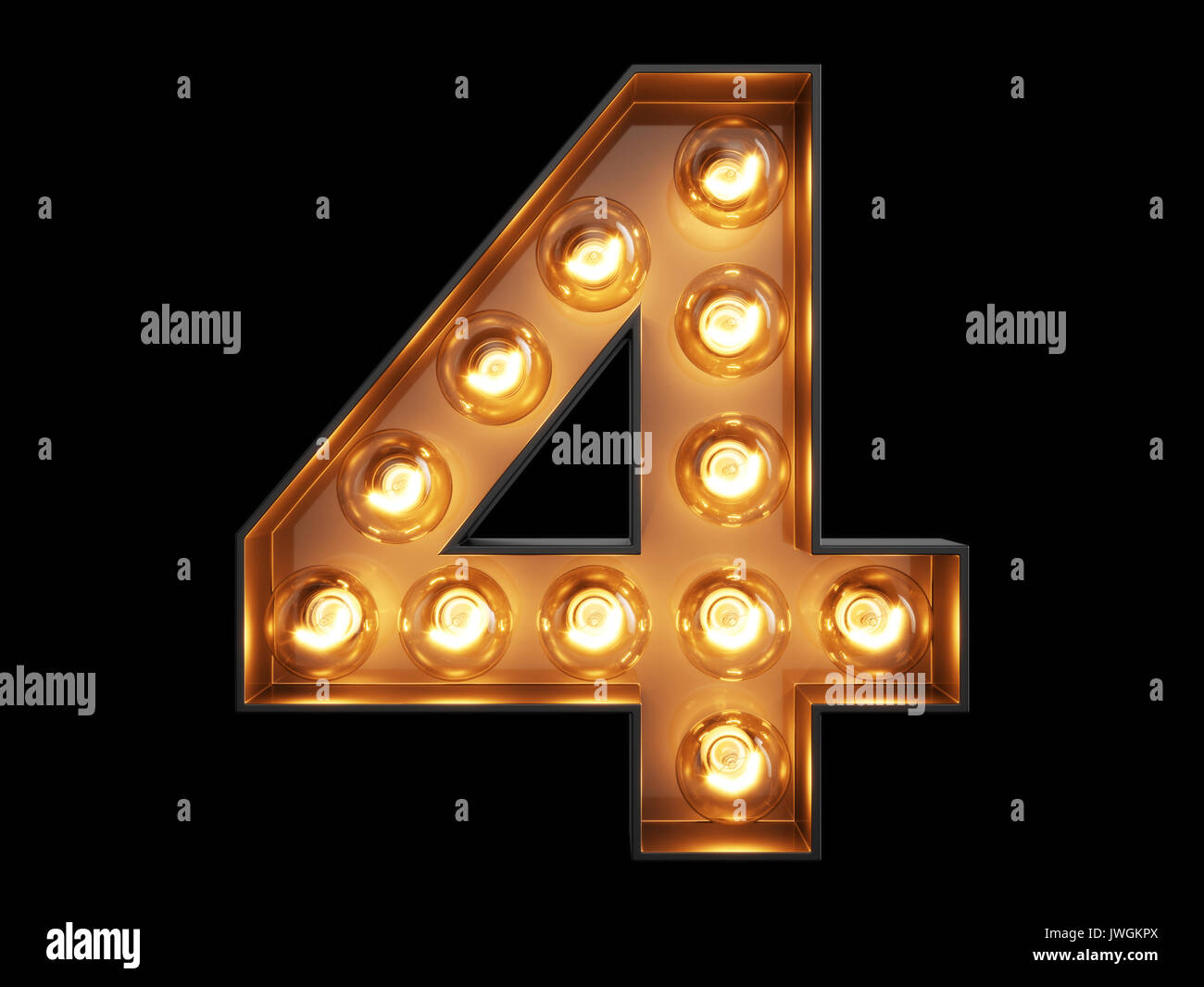 Light bulb glowing digit alphabet character 4 four font. Front view ...