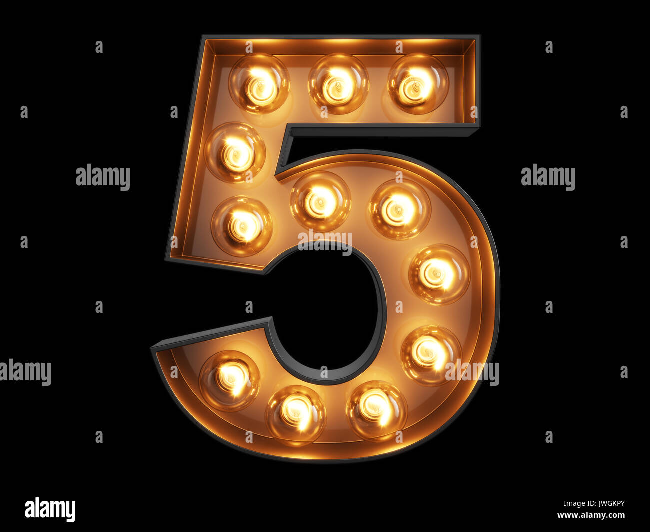 Light bulb glowing digit alphabet character 5 five font. Front view ...