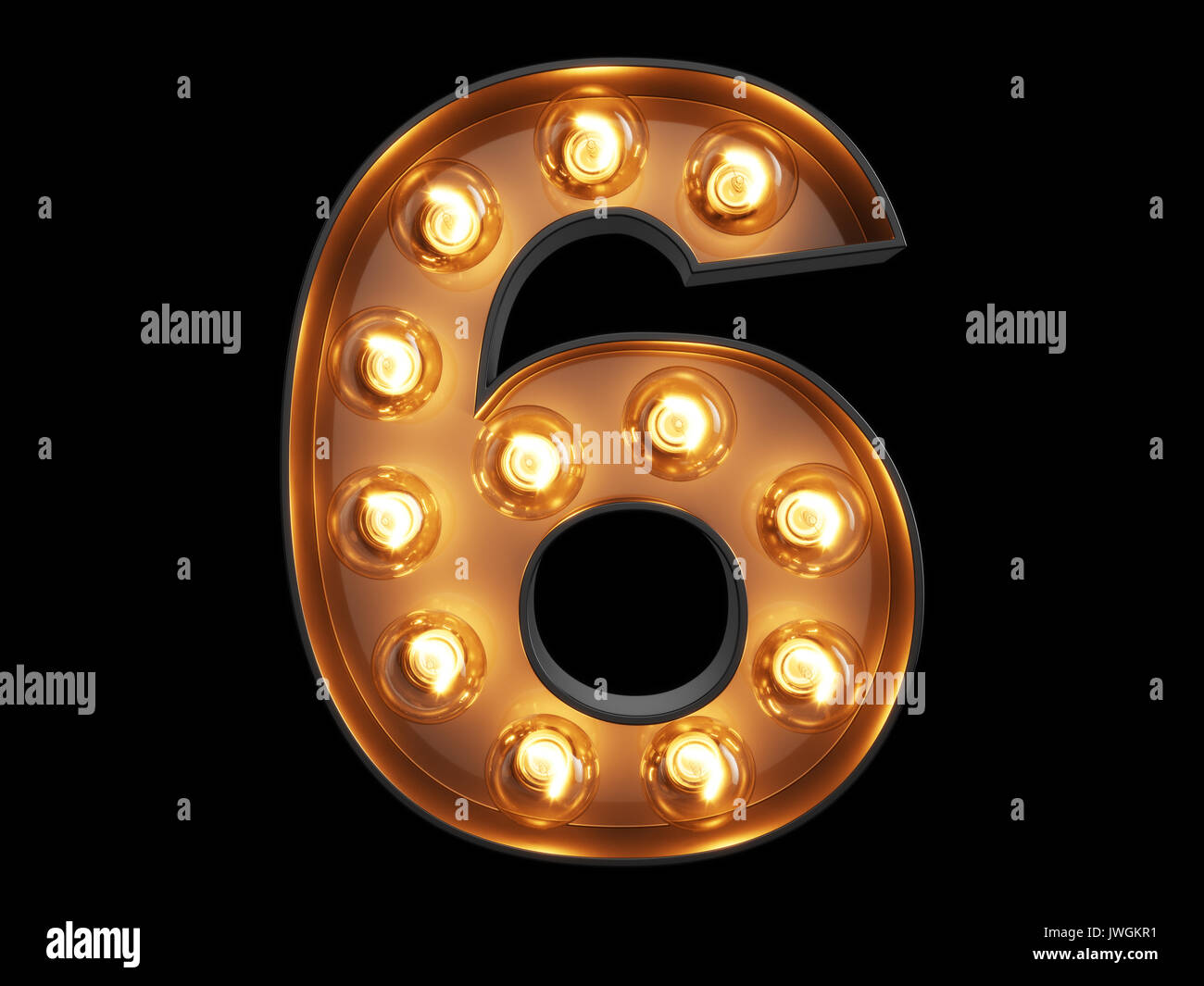 Light bulb glowing digit alphabet character 6 six font. Front view ...