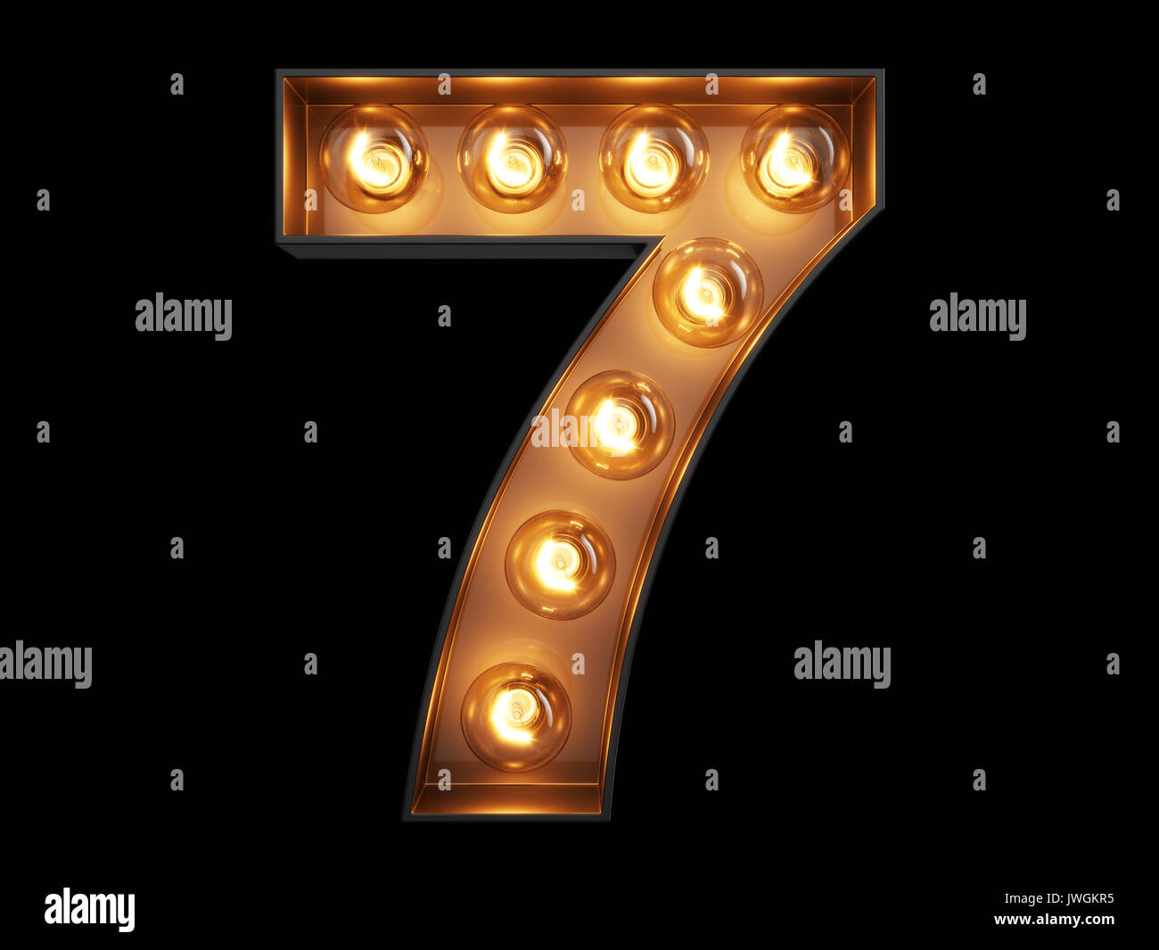 Light bulb glowing digit alphabet character 7 seven font. Front view ...