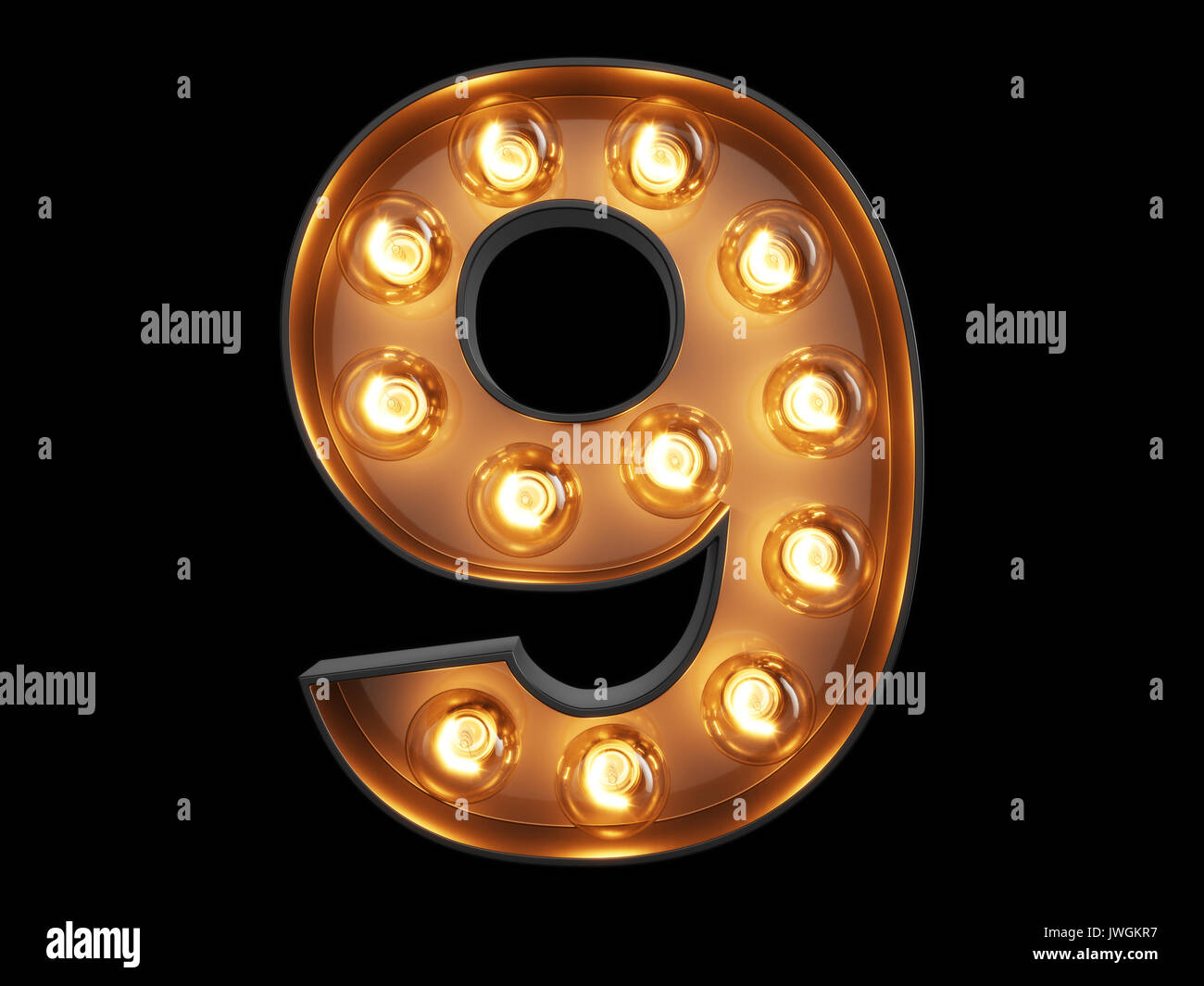 Light bulb glowing digit alphabet character 9 nine font. Front view ...