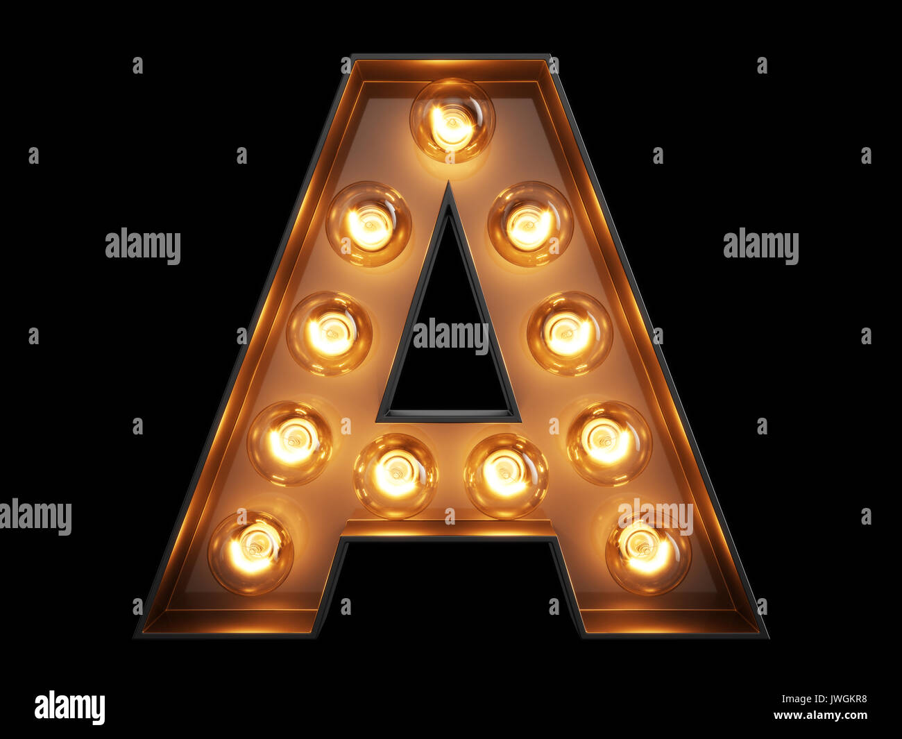 Light bulb glowing letter alphabet character A font. Front view ...