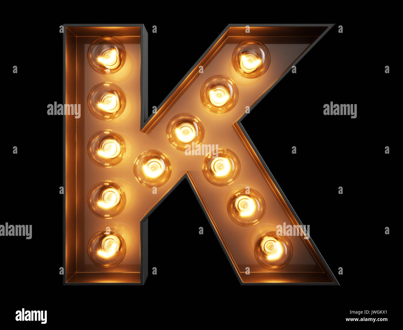 Light bulb glowing letter alphabet character K font. Front view ...