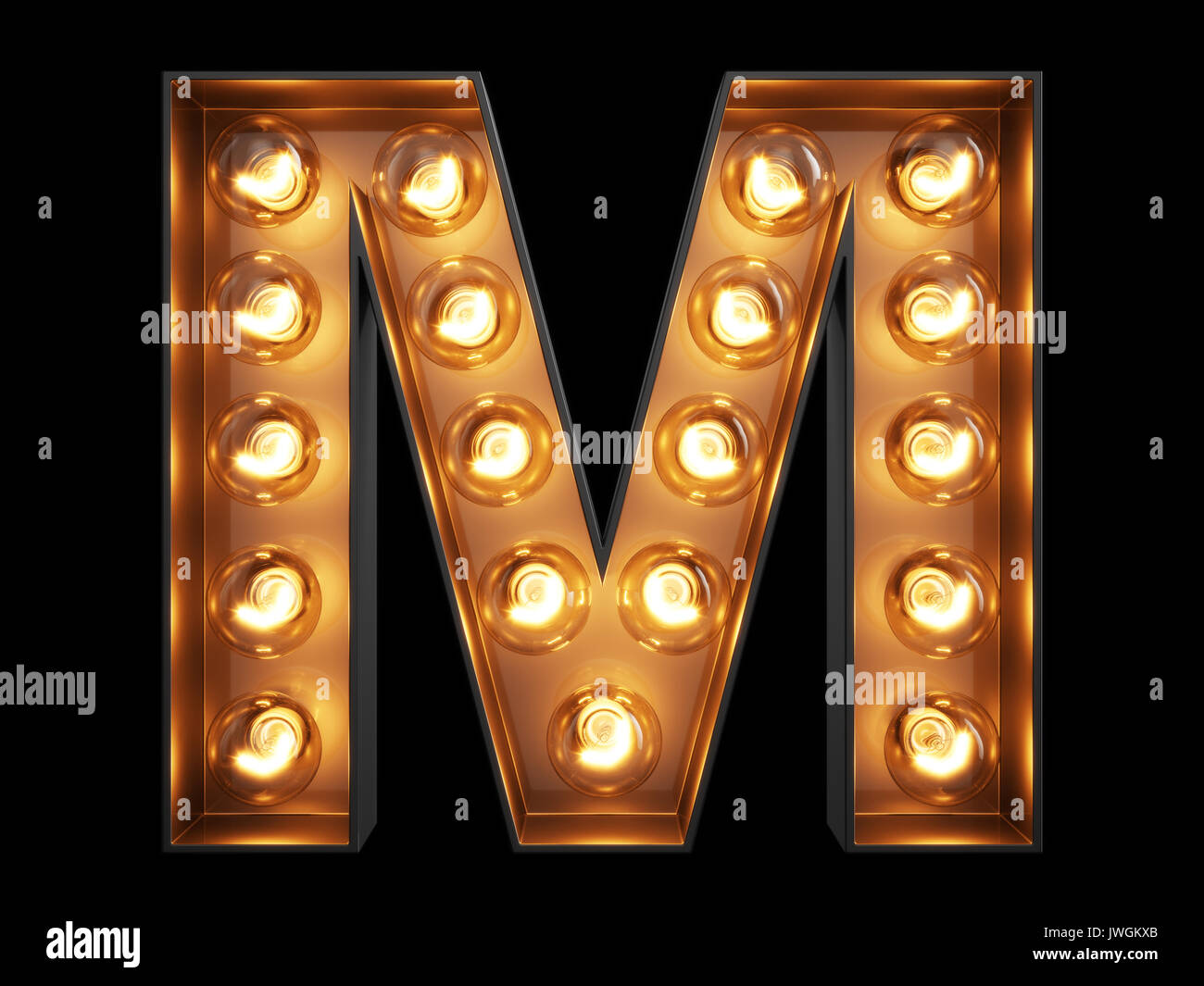 Light bulb glowing letter alphabet character M font. Front view ...