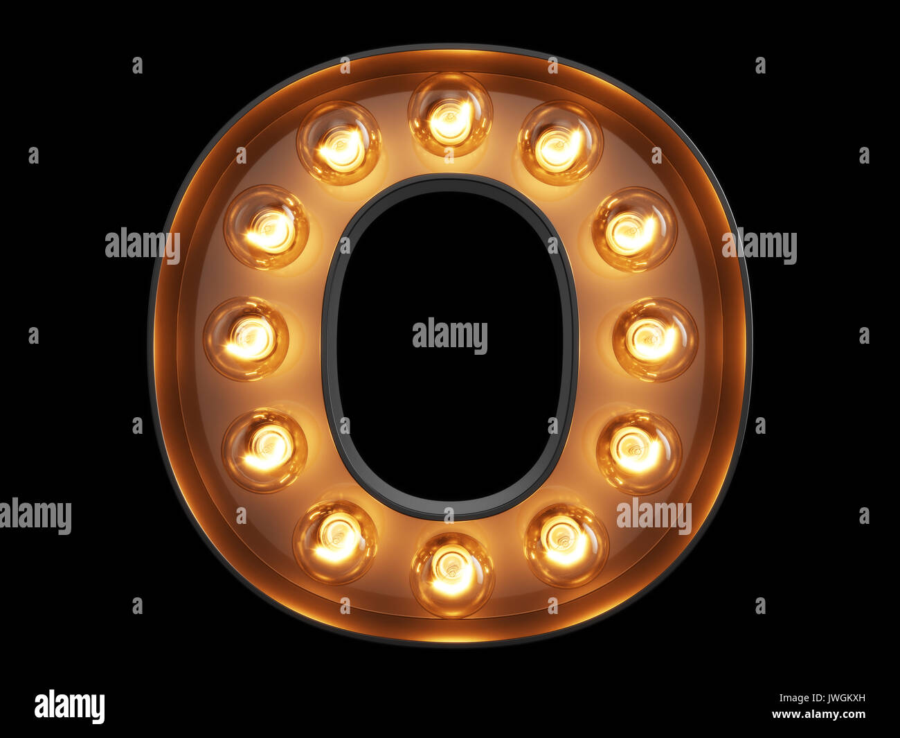 Light bulb glowing letter alphabet character O font. Front view ...
