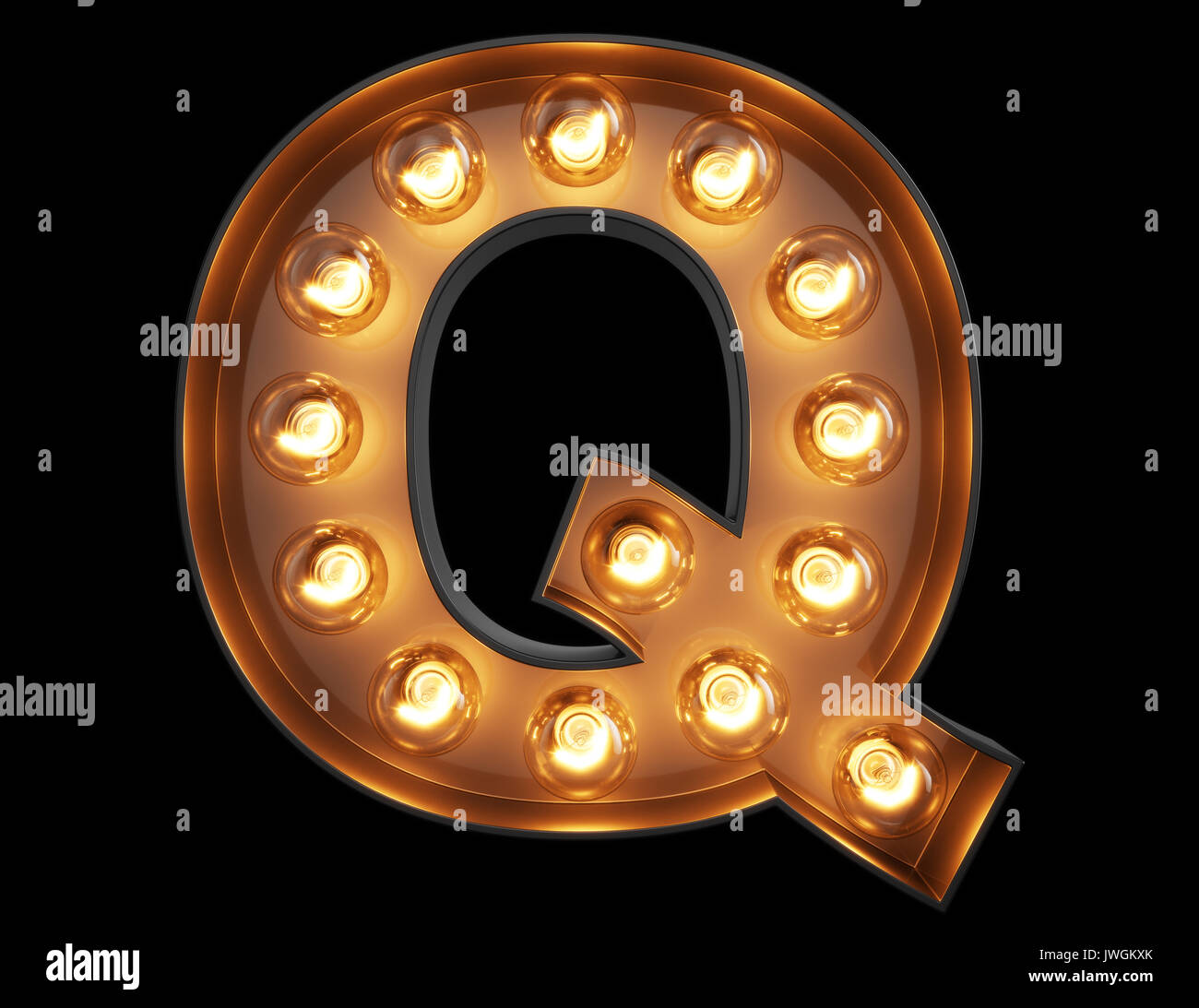 Light bulb glowing letter alphabet character Q font. Front view ...