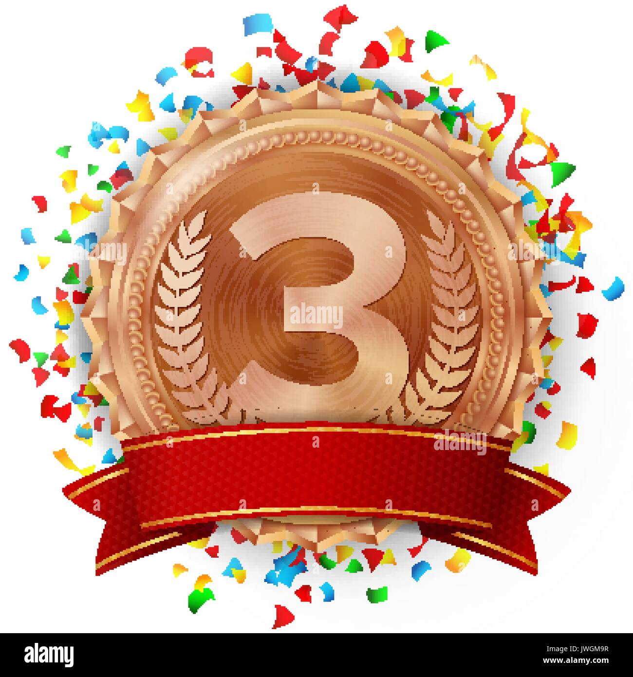 Bronze Medal Vector. Falling Confetti Explosion. Red Ribbon. Isolated ...