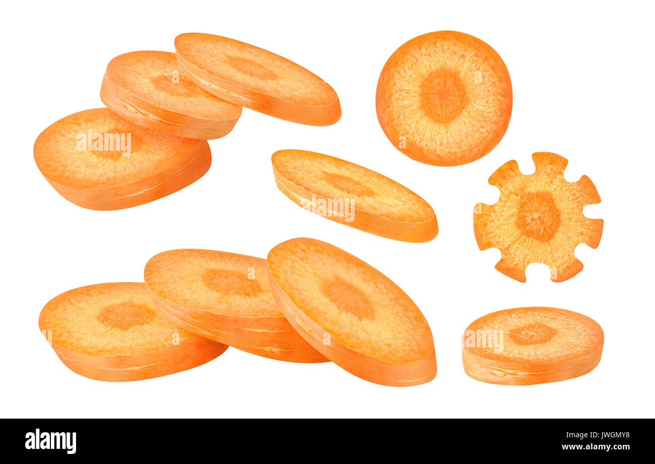 Isolated slices of carrot. Collection of various carrot pieces isolated ...